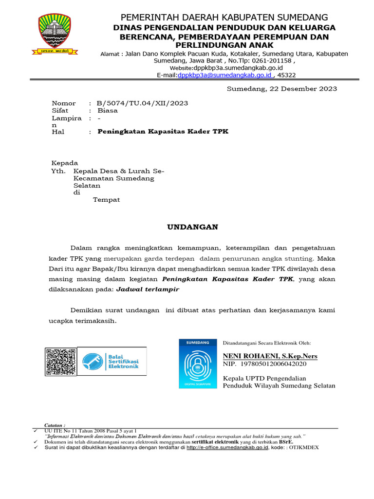 Surat Undangan Peningkatan Kapasitas Kader TPK Sultan | PDF