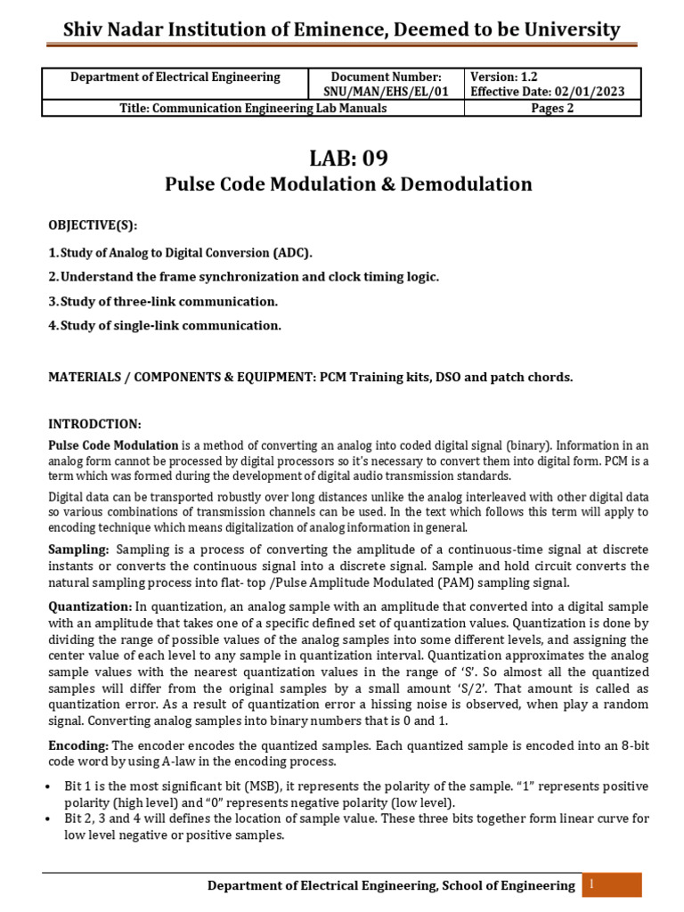 Exp 9 Pulse Code Modulation And Demodulation Pdf Digital Signal Sampling Signal Processing