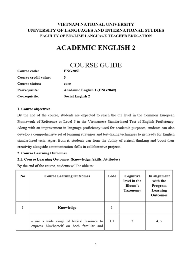 Academic English 2 Course Guide | PDF | Educational Assessment | Vocabulary