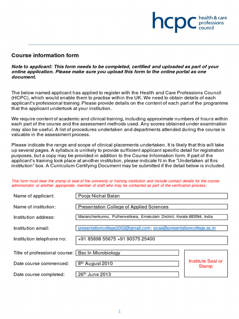 HCPC Course Information Form | PDF | Immune System | Microorganism