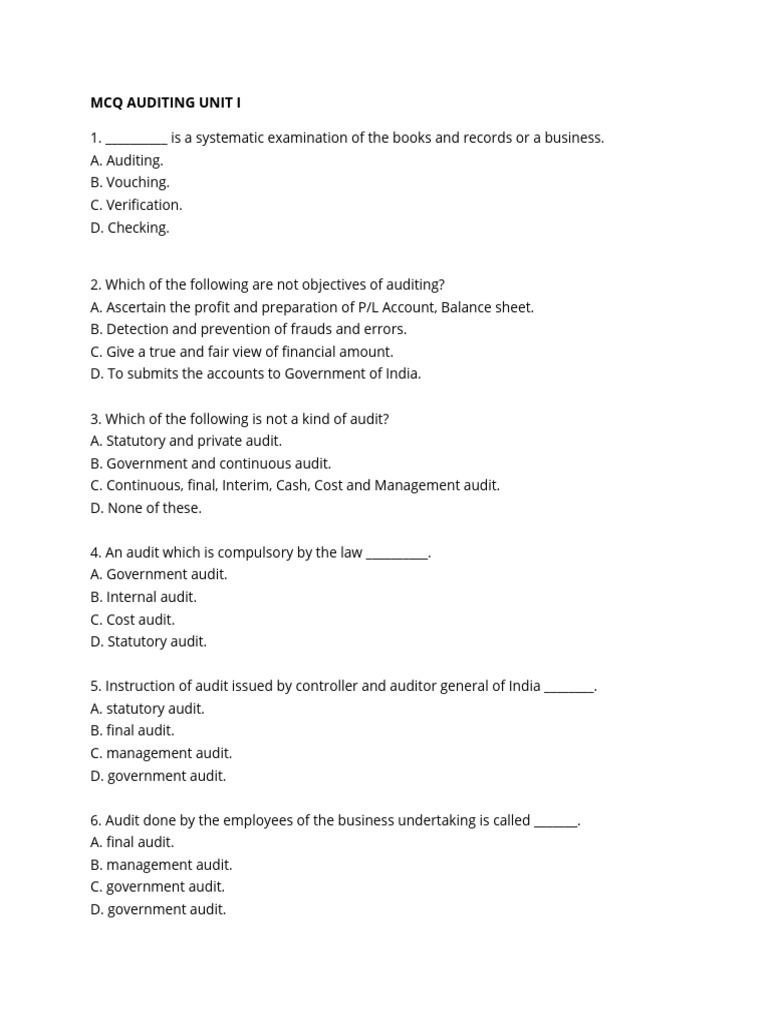 MCQ Auditing Unit I | PDF | Audit | Receipt