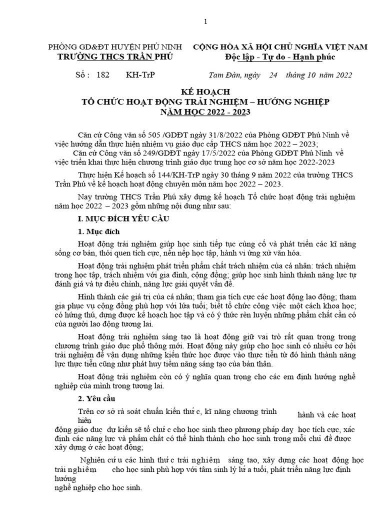 Ke Hoach Hoat Dong Trai Nghiem 22-23 - Copy 8339b | PDF