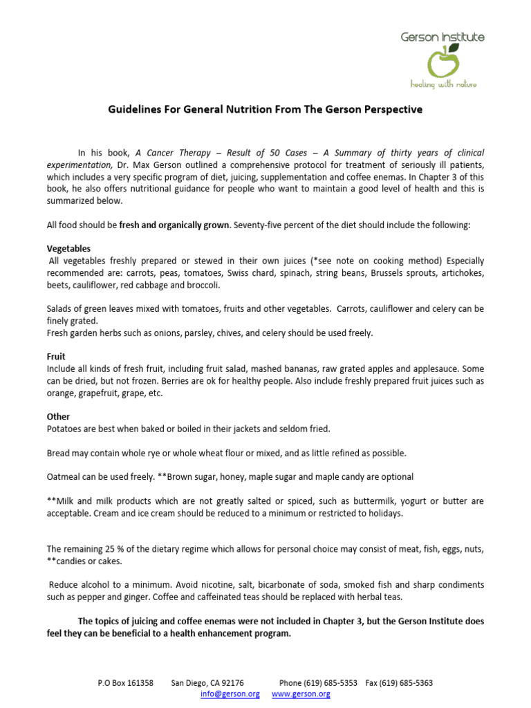 Gerson Nutrition Guidelines for Health | PDF | Vegetables | Fruit