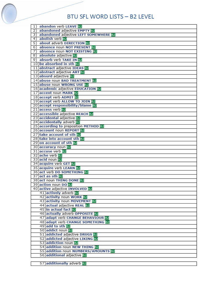 Btu SFL B2 Level Words | PDF | Adjective | Verb
