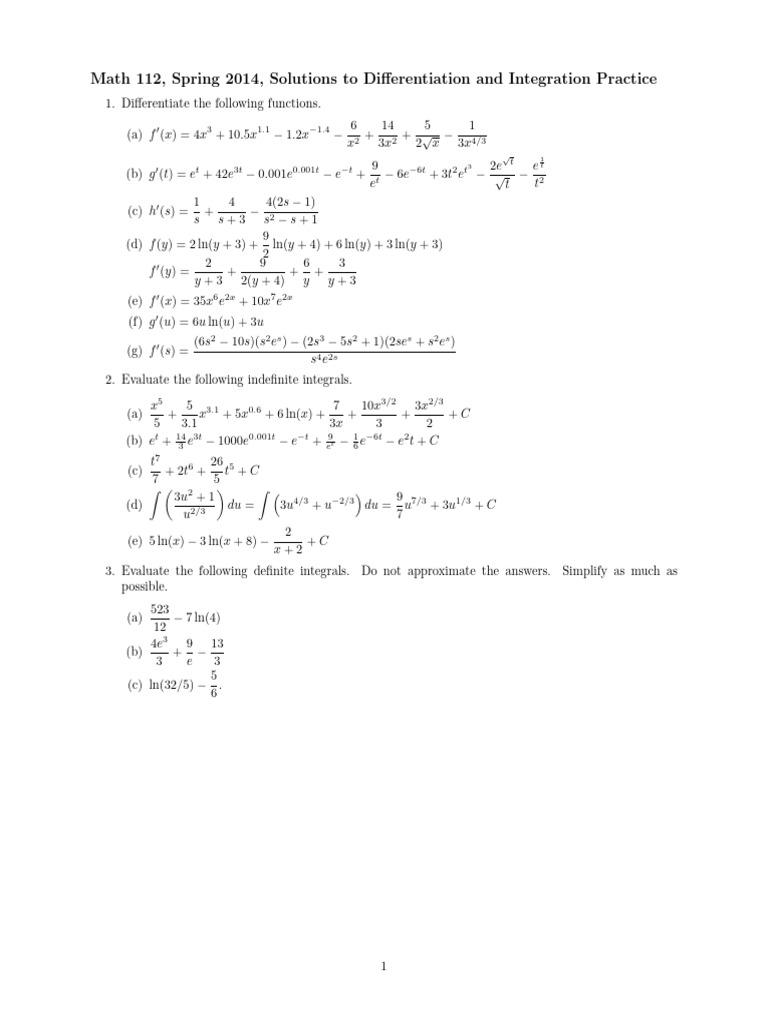 112 Sp14 Derivatives Integrals Sol | PDF | Mathematical Relations | Equations