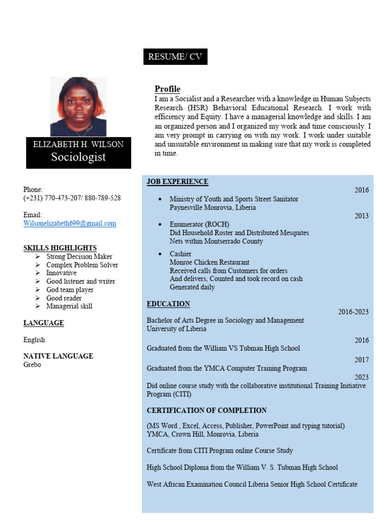 Elizabeth H. Wilson Resume | PDF | Liberia