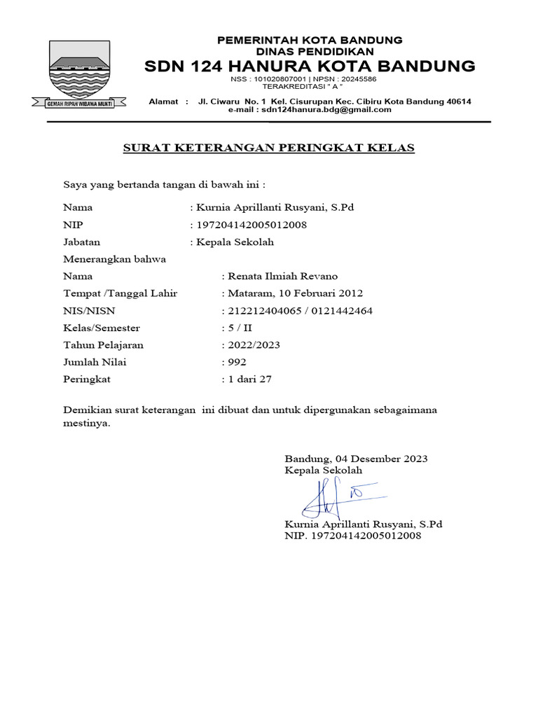 Surat Keterangan Peringkat Kelas | PDF