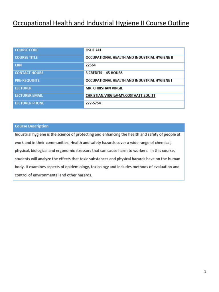 OSHE 241 - Occupational Hygiene II Course Outline | Download Free PDF ...