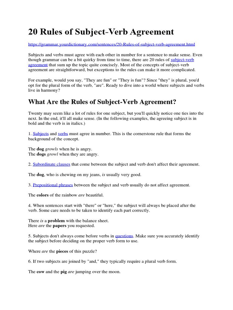 20 Rules of Subject Verb Agreement | PDF | Grammatical Number | Verb