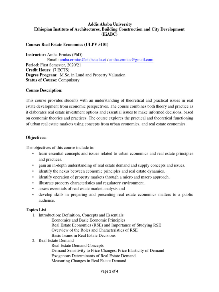 Real Estate Economics Course Overview | PDF