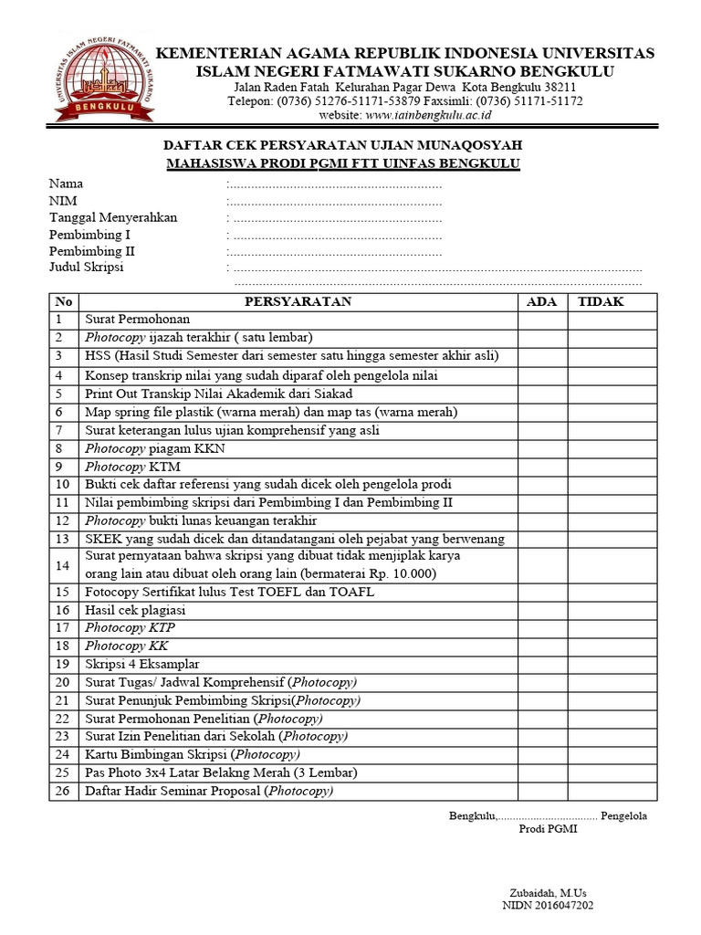Blangko Daftar Checklist Persyaratan Munaqosyah Tambahan Fix | PDF