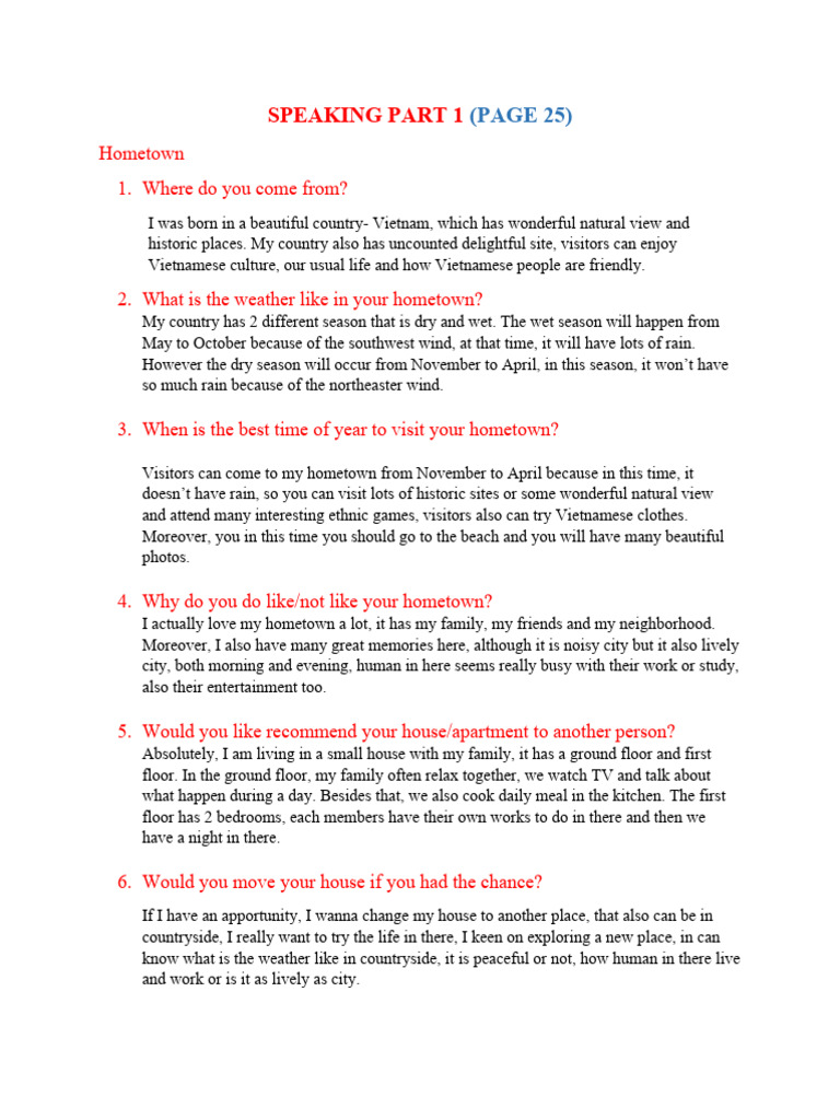 Speaking Part 1 Hometown | PDF