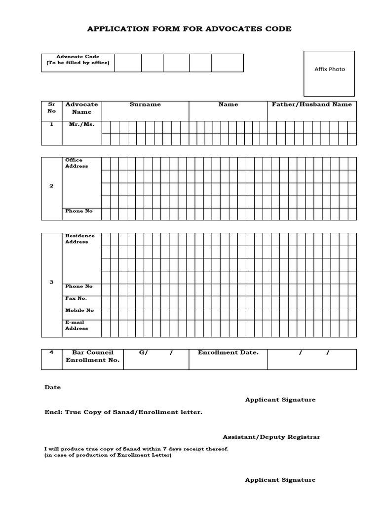Advocate Code Application Form | PDF