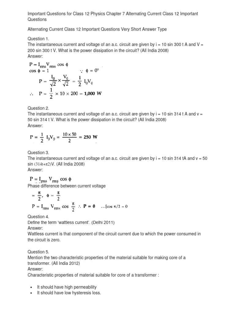 Important Questions For Class 12 Physics Chapter 7 Alternating Current Class 12 Important ...