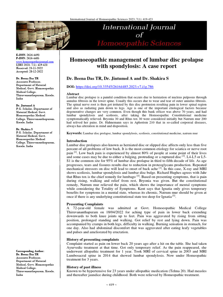 Homoeopathy for Lumbar Disc Issues | PDF | Homeopathy | Vertebral Column