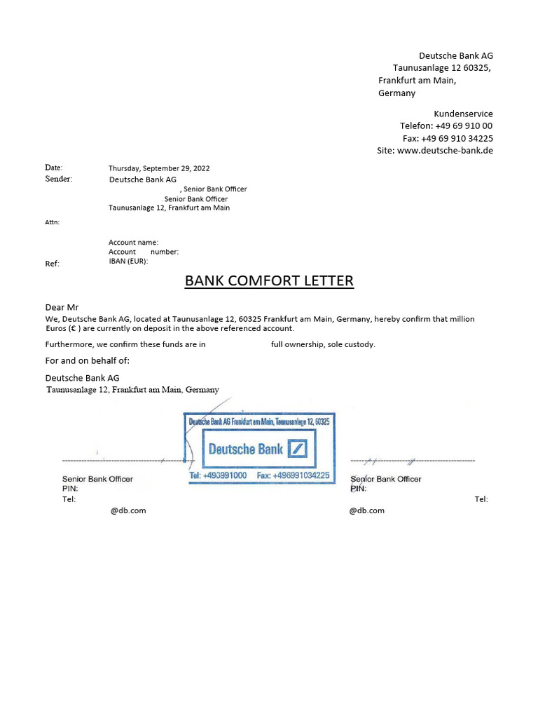 Deutsche Bank Comfort Letter Confirmation | PDF