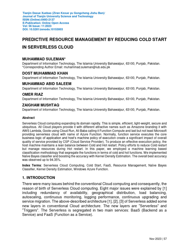 Predictive Resource Management by Reducing Cold Start in Serverless Cloud | PDF | Cloud ...