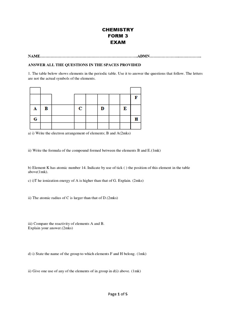 Form Three Chemistry Set 1 QS | PDF | Chemical Elements | Gases