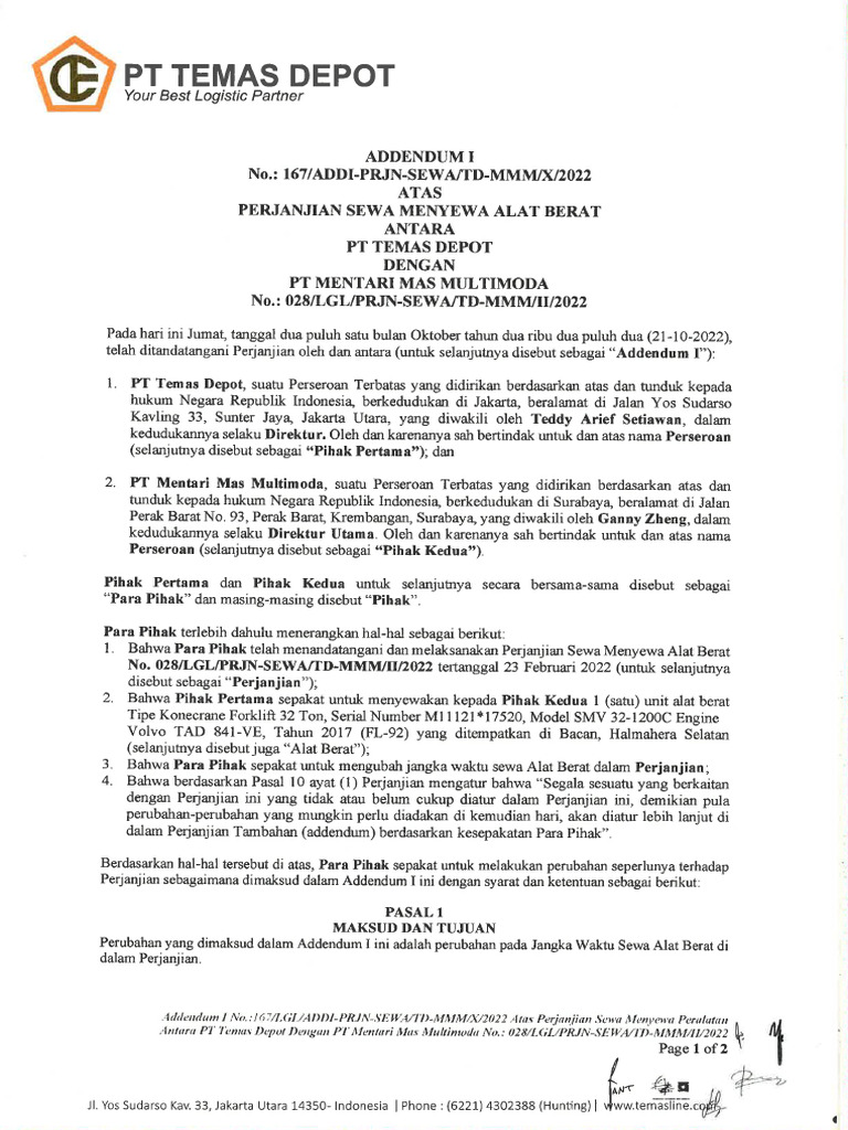 Addendum I Perjanjian Sewa Alat Berat FL 92 TD - MMM | PDF