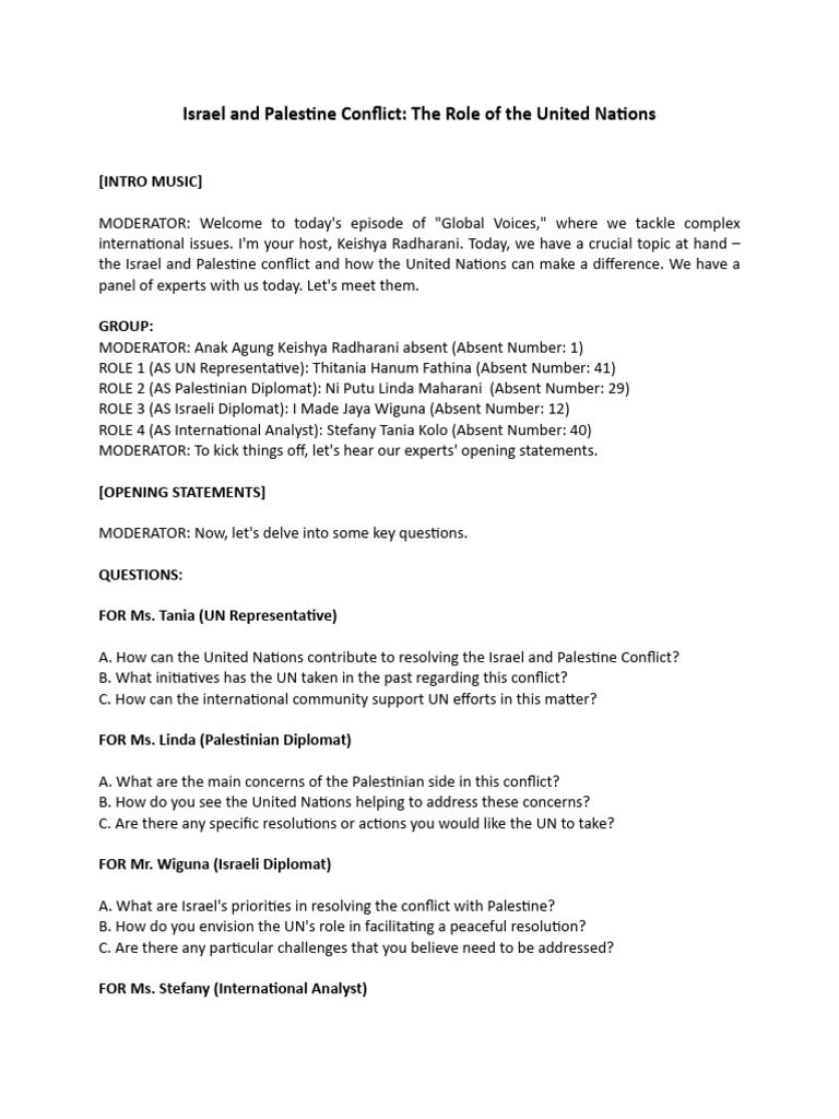 Podcast Script Israel and Palestine Conflict and How UN Need To React Over The Conflict | PDF ...