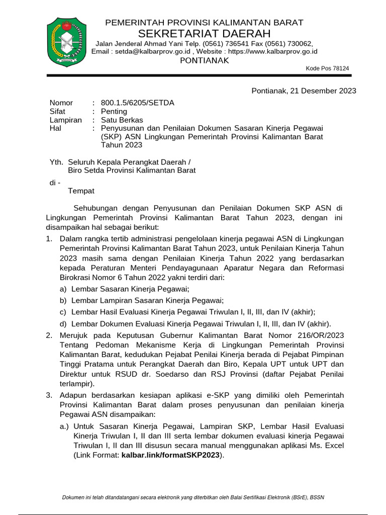 Surat Sekda Kalbar SKP 2023 | PDF