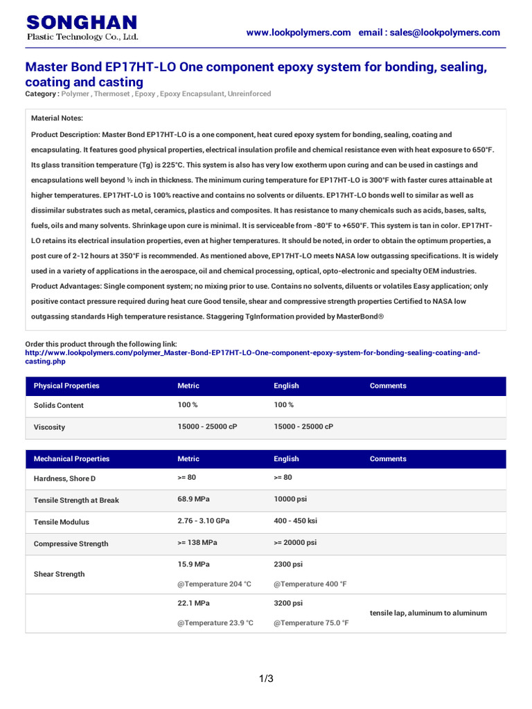 Master Bond EP17HT LO | PDF | Epoxy | Strength Of Materials