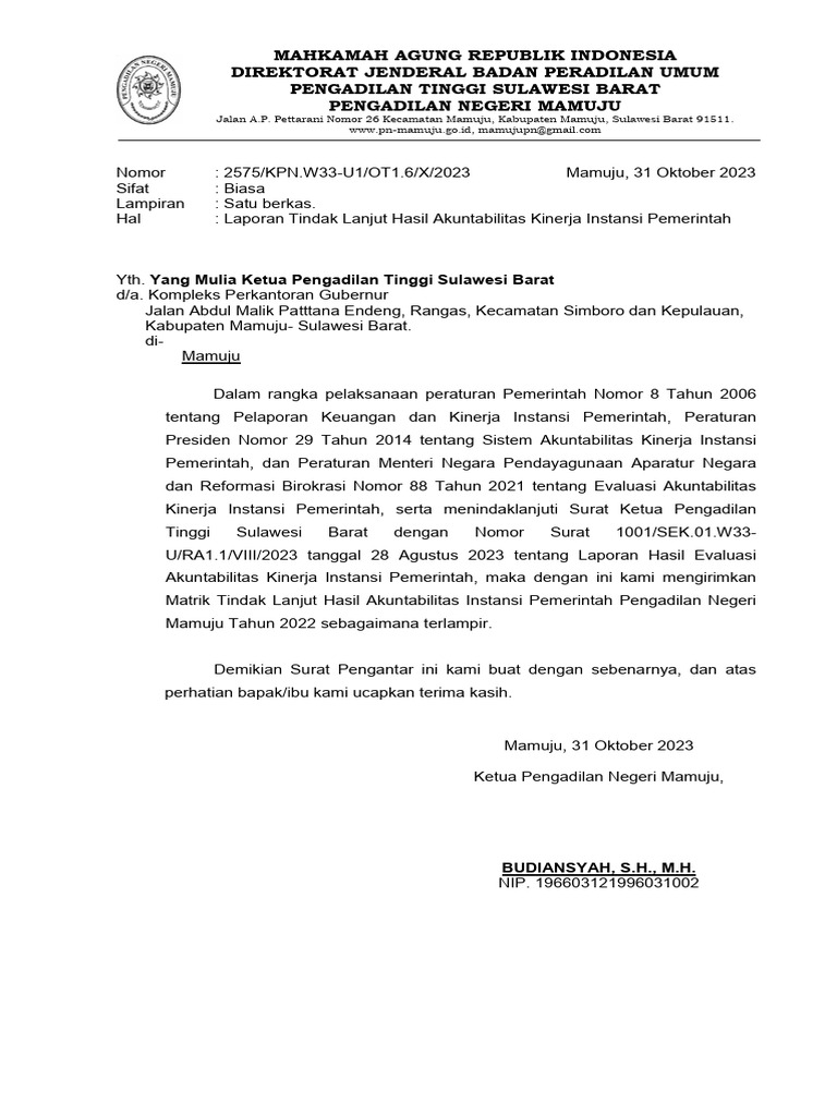 Laporan Tindak Lanjut LKjIP 2022 PN Mamuju Edit2 | PDF