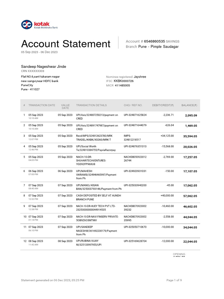 Kotak Bank Statement Nov2023 | PDF | Debits And Credits | Payments