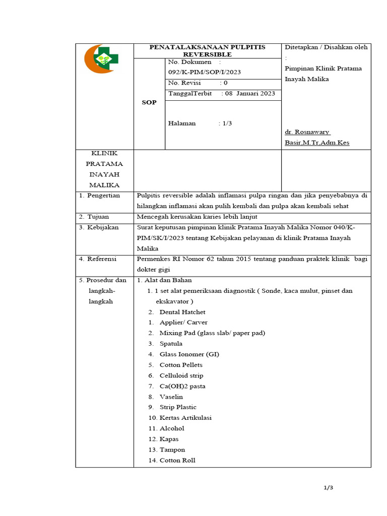 S o P Penatalaksanaan Pulpitis Reversible | PDF