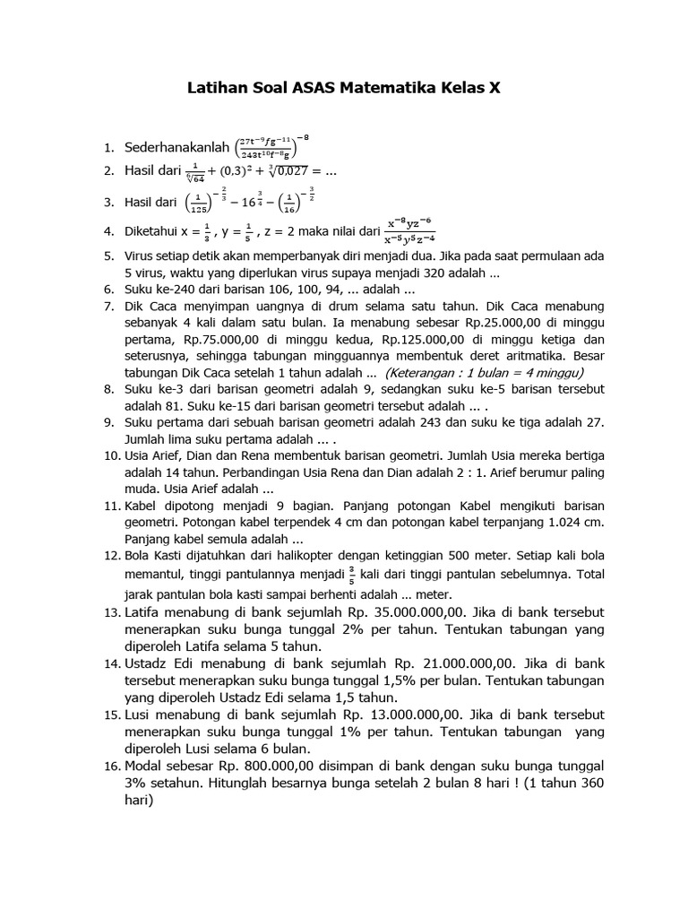 Latihan Soal MTK X Persiapan ASAS | PDF