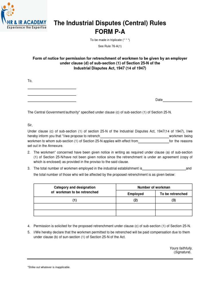Form PA - Notice of and Application For Permission For Retrenchment | PDF