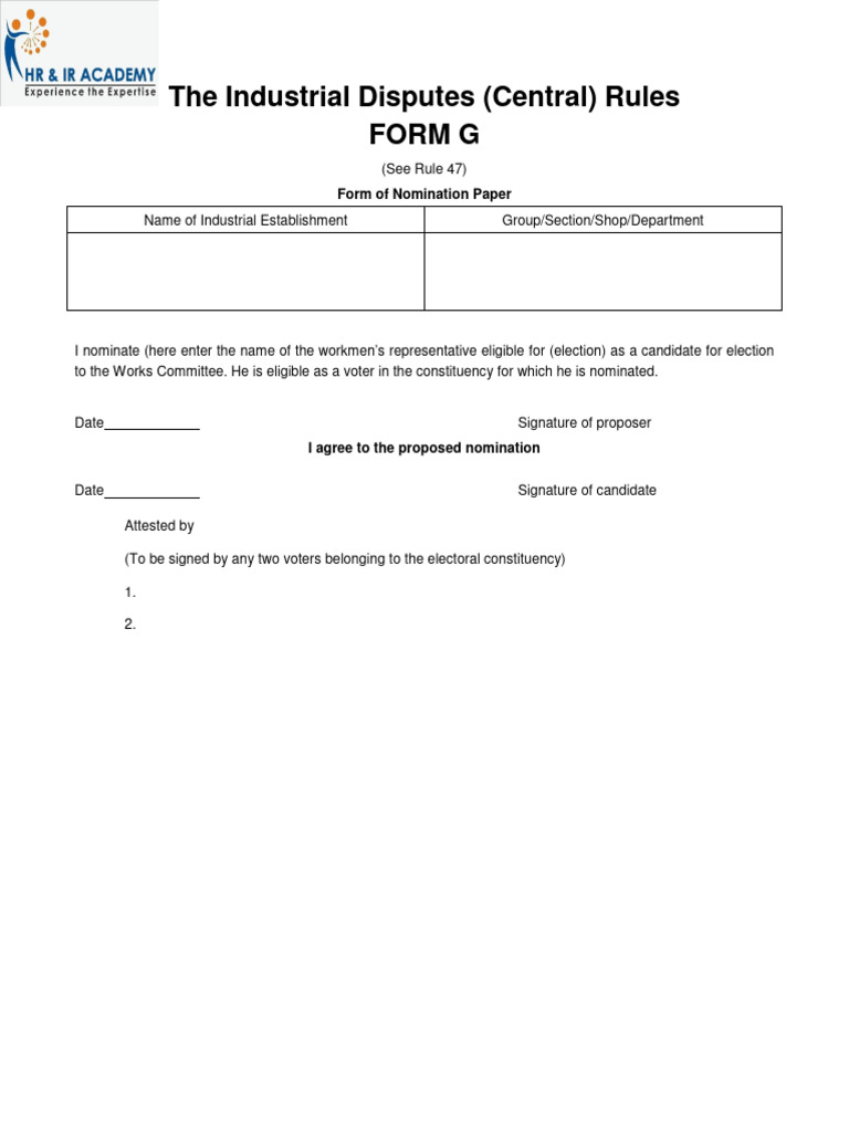 Form G - Nomination To Works Committee | PDF
