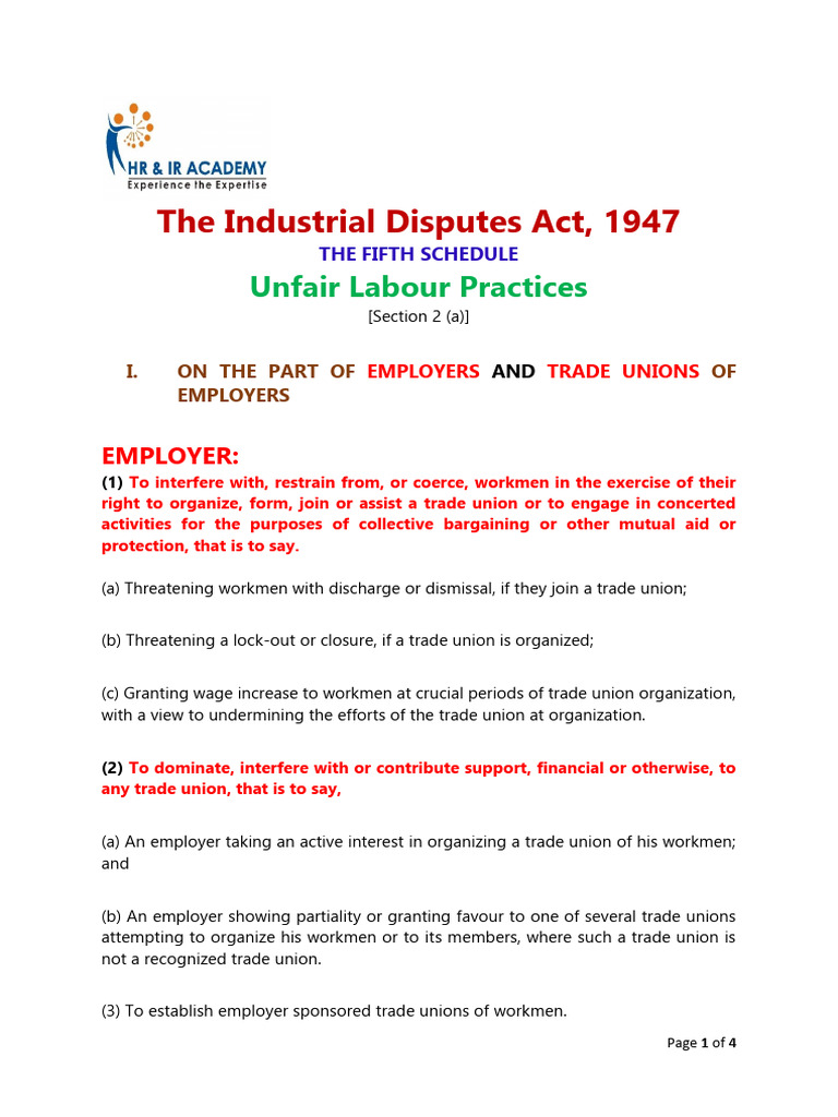 V Schedule - Unfair Labour Practices Under ID Act | PDF | Business ...