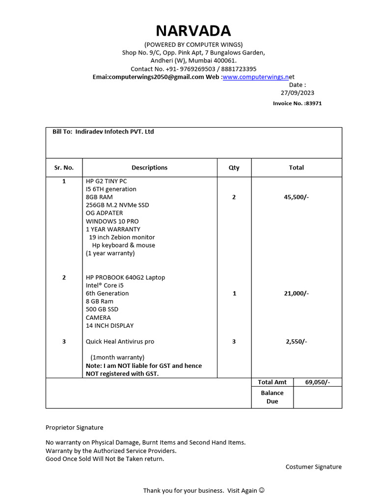 Namste Health Tiny PC & HP Laptop Invoice | PDF