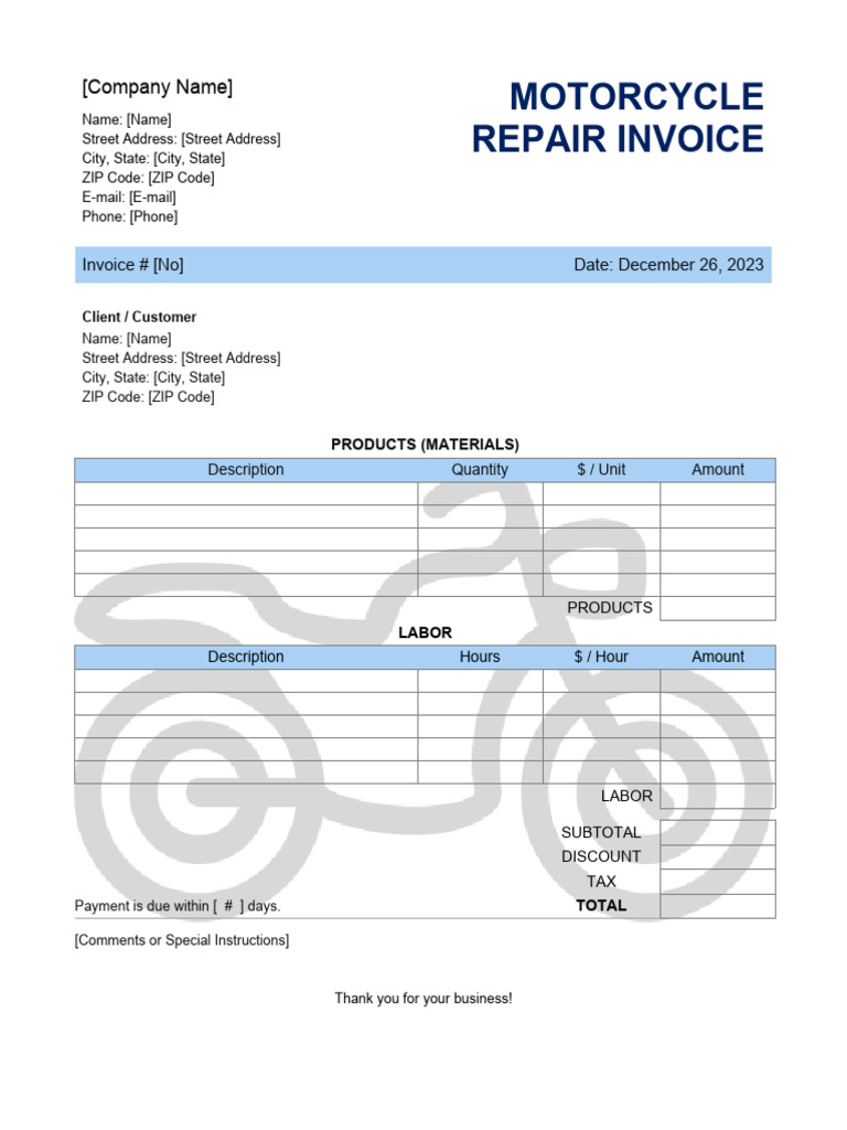 Motorcycle Repair Invoice Template | PDF