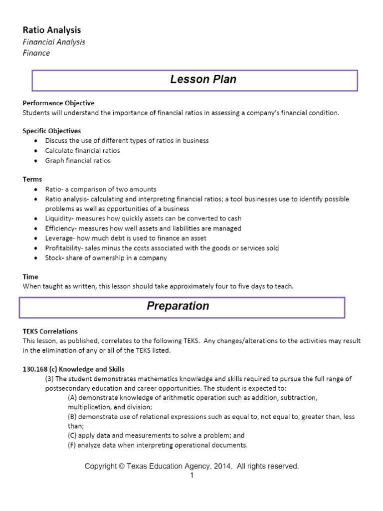 Lesson Plan Ratio Analysis Financial Analysis | PDF