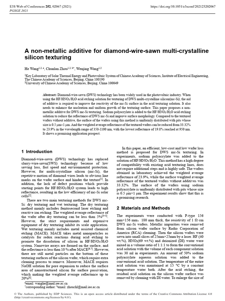 A Non-Metallic Additive For Diamond-Wire-Sawn Multi-Crystalline Silicon ...