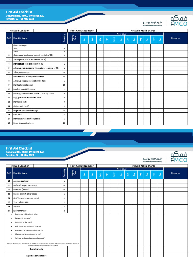 FMCO-CVHB-HSE-FAC - Rev 02 - First Aid Kit Checklist | Download Free ...