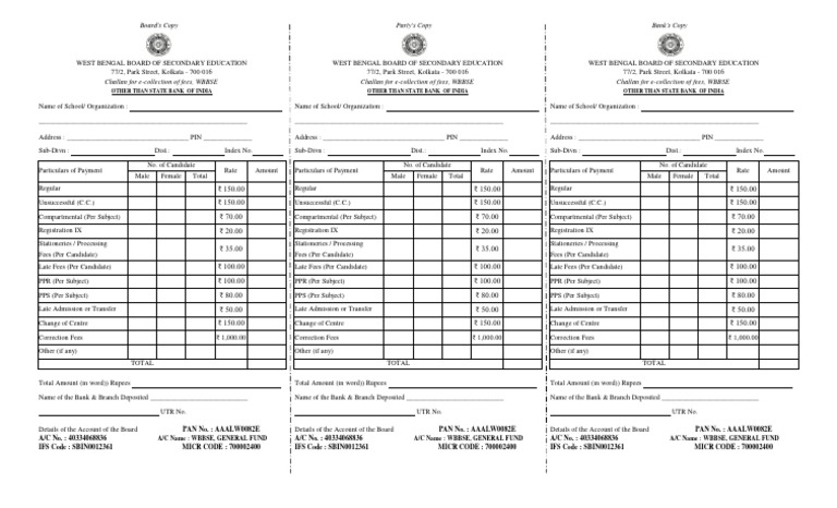 WBBSE Fee Challan Form Details | PDF