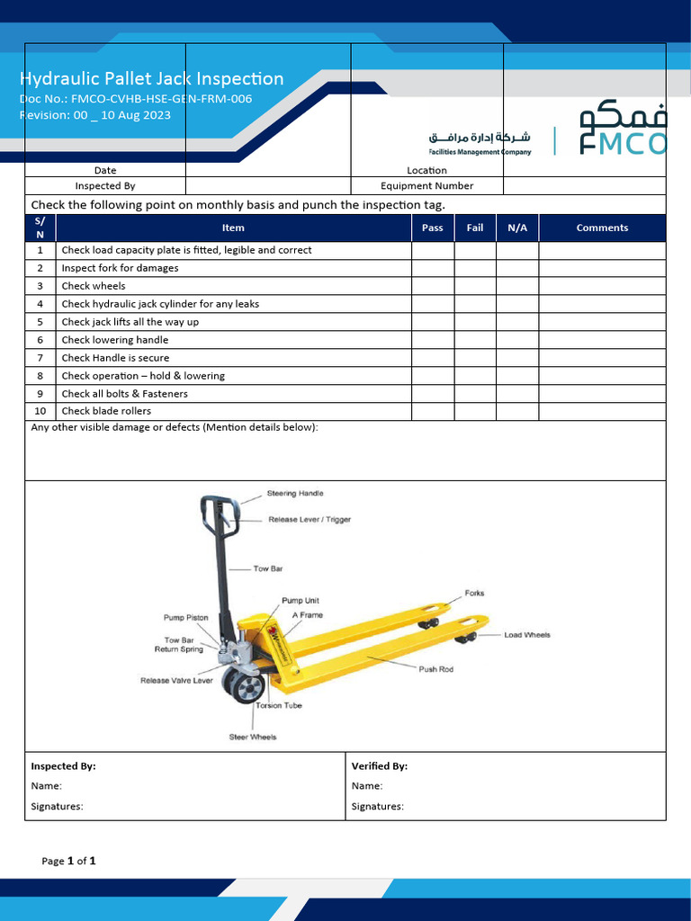 FMCO-CVHB-HSE-GEN-FRM-006 - Rev-00 - Hydraulic Pallet Jack Inspection | PDF