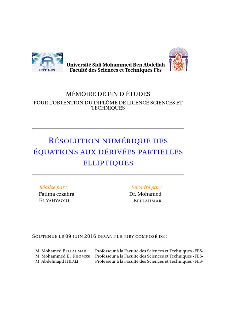 Résolution Numérique Des Équations Aux Dérivées Partielles Élliptiques ...