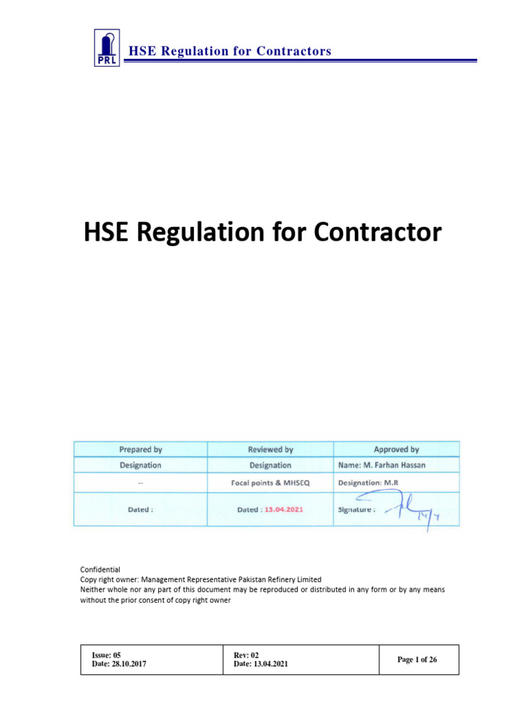 PRL HSE Regulations For Contractor (Issue 05 Rev 02, 13-4-2021) | PDF ...