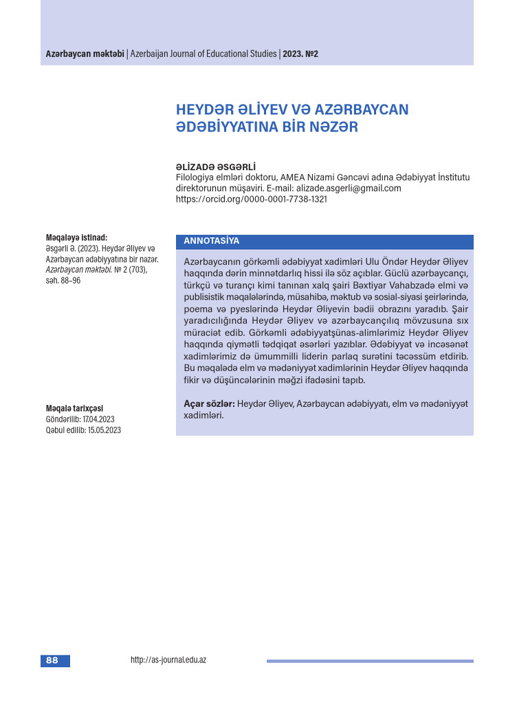 Heydər Əli̇yev VƏ Azərbaycan Ədəbi̇yyatina Bi̇r NƏZƏR / An Overview of ...