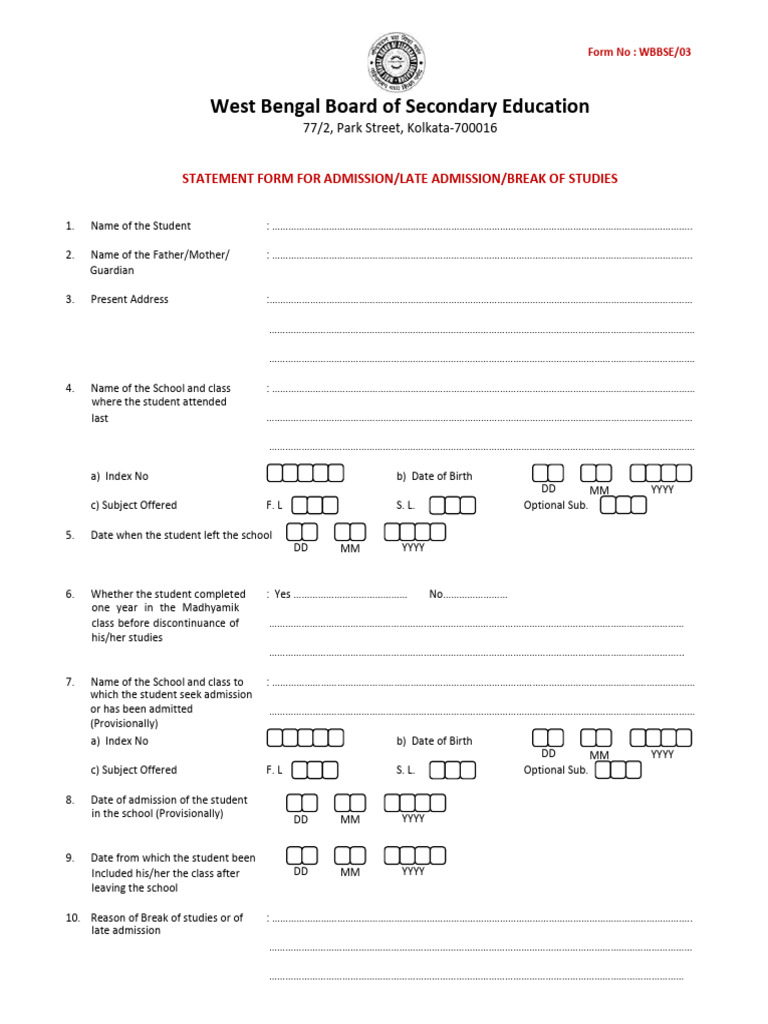 WBSE Addmission Form | PDF