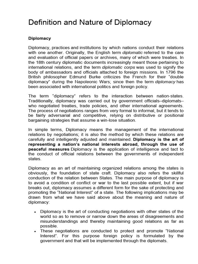 Definition and Nature of Diplomacy T. 1 | PDF