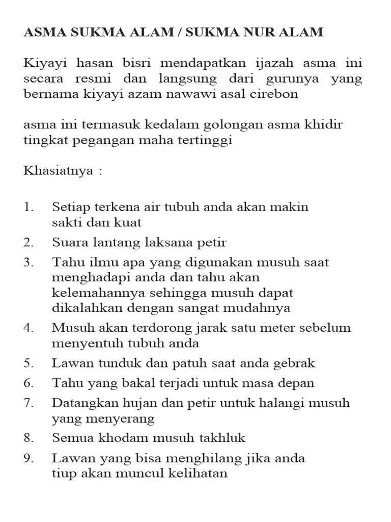 Asma Sukma Alam - Khasiat | PDF | Agama & Spiritualitas