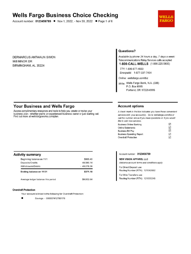 Business Bank Statement Wells Fargo BankStatements - Net | PDF