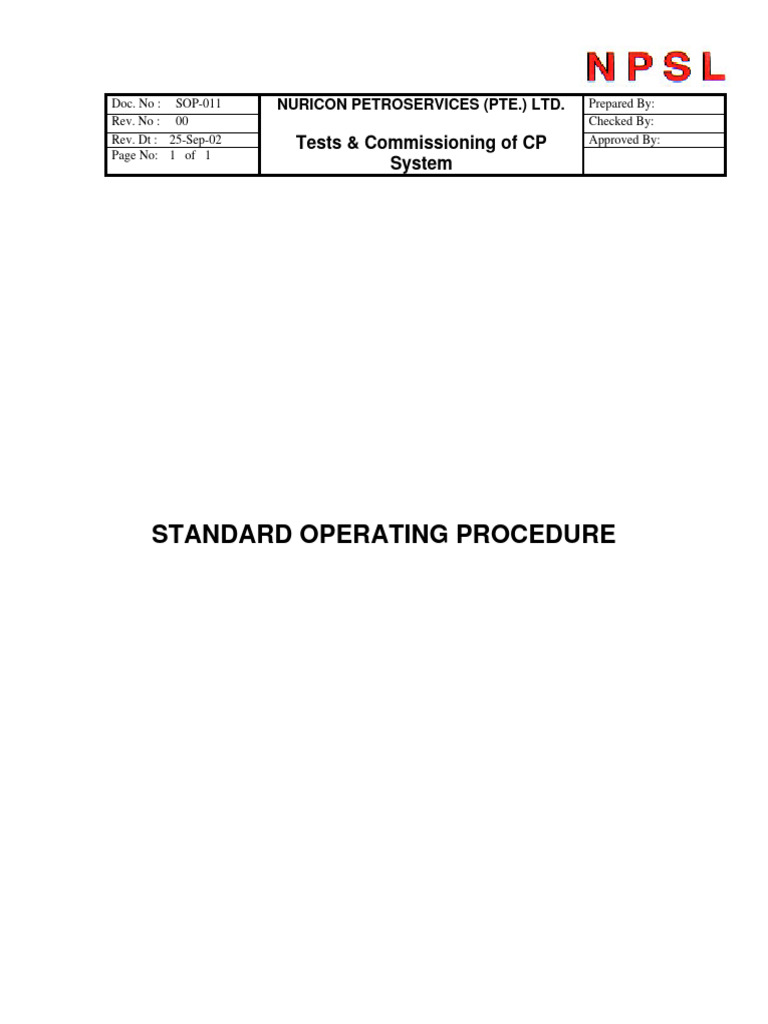 Sop 011 For Test And Commissioning Of Cp System Pdf