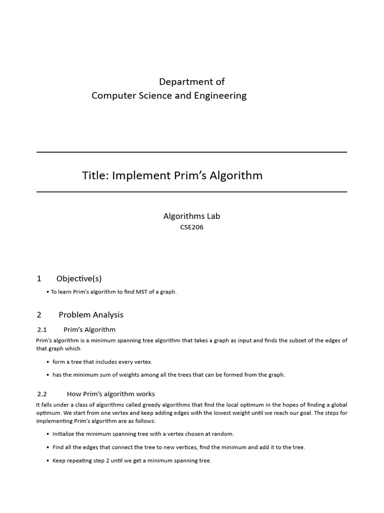 Prim's Algorithm Lab Report | PDF