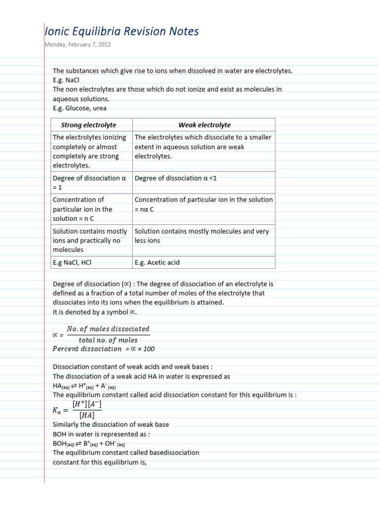 Ionic Equilibria Revision Notes | PDF